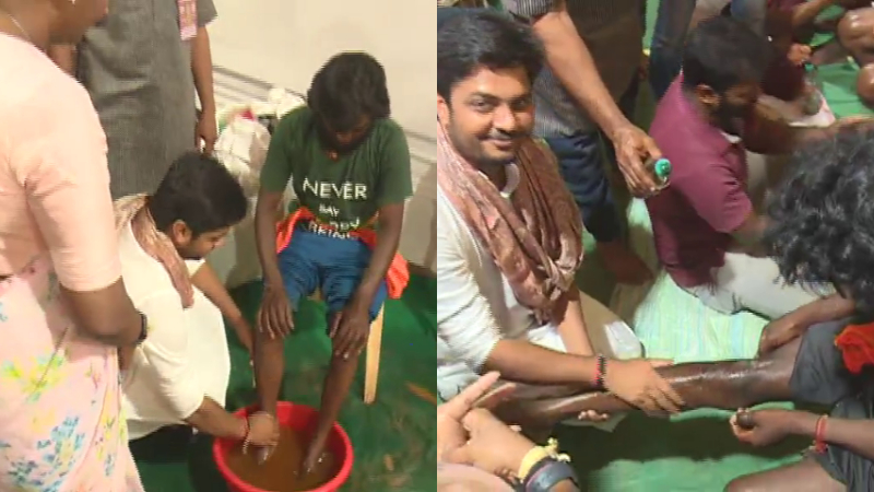 Vinay Guruji washes feet, applies oil on legs of devotees headed to Dharmastala for Shivaratri ...